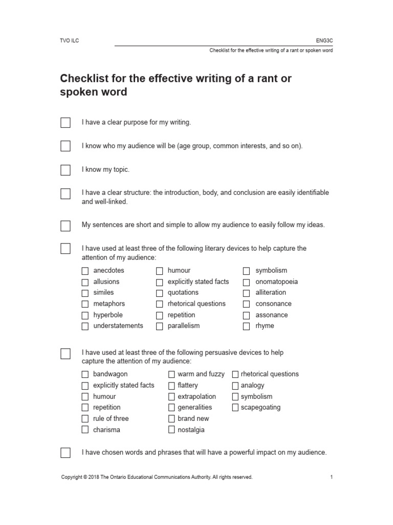 2.5 Rant-Spoken Words Checklist | PDF