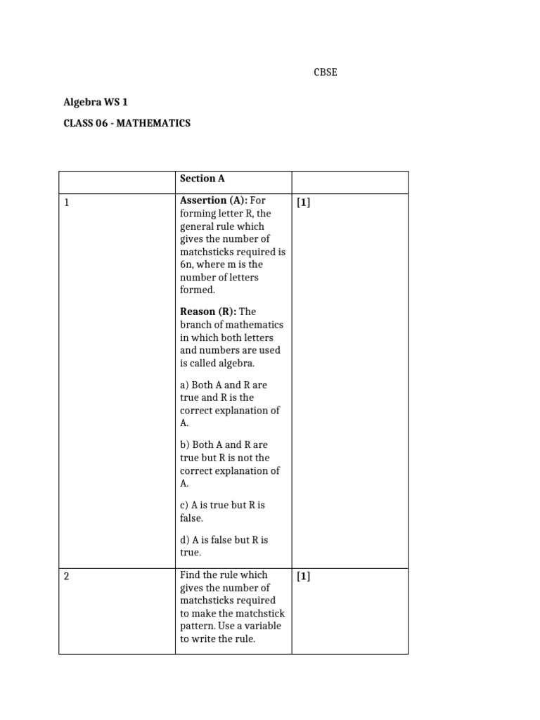 Algebra WS 1 Word (Matchstick Patterns) | PDF