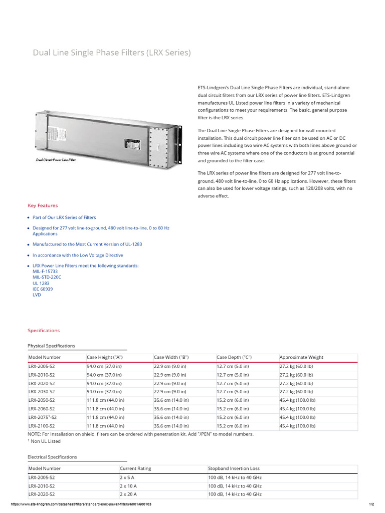 LRX Series Dual Line Filters Overview | PDF | Alternating Current ...