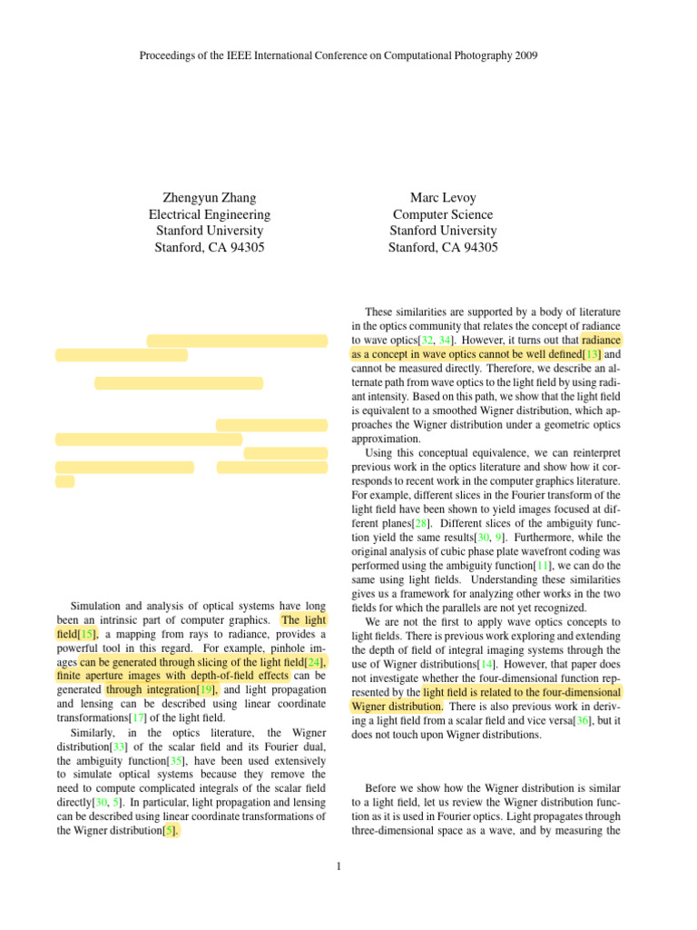 Zhengyun Zhang 2009 Wigner Distributions And How They Relate To The Light Field Pdf