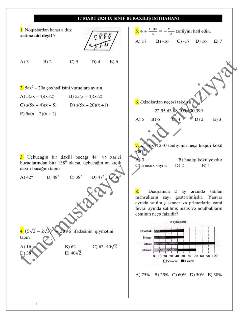 17 Mart 2024 IX Sinif Buraxılış Imtahanı Təmiz PDF Yalnız Riyaziyyat | PDF