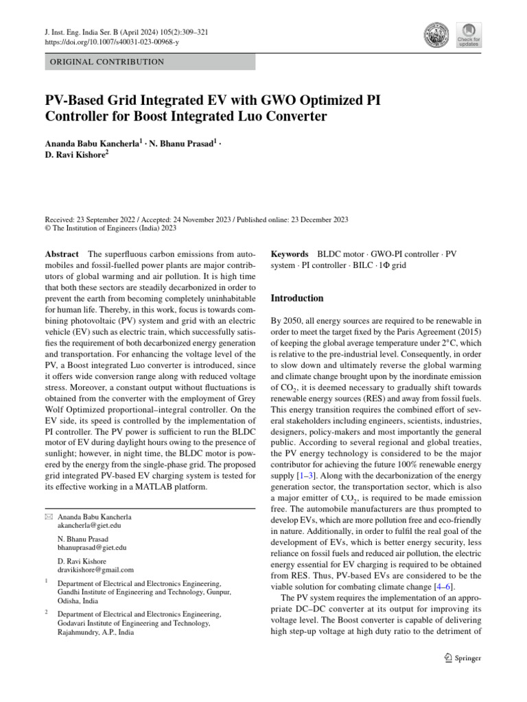 PV-Based Grid Integrated EV With GWO Optimized PI Controller For Boost ...