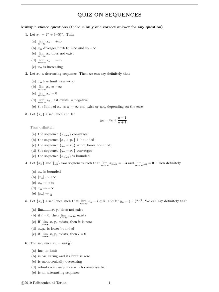 Quiz on sequences 2024 | PDF | Sequence | Elementary Mathematics