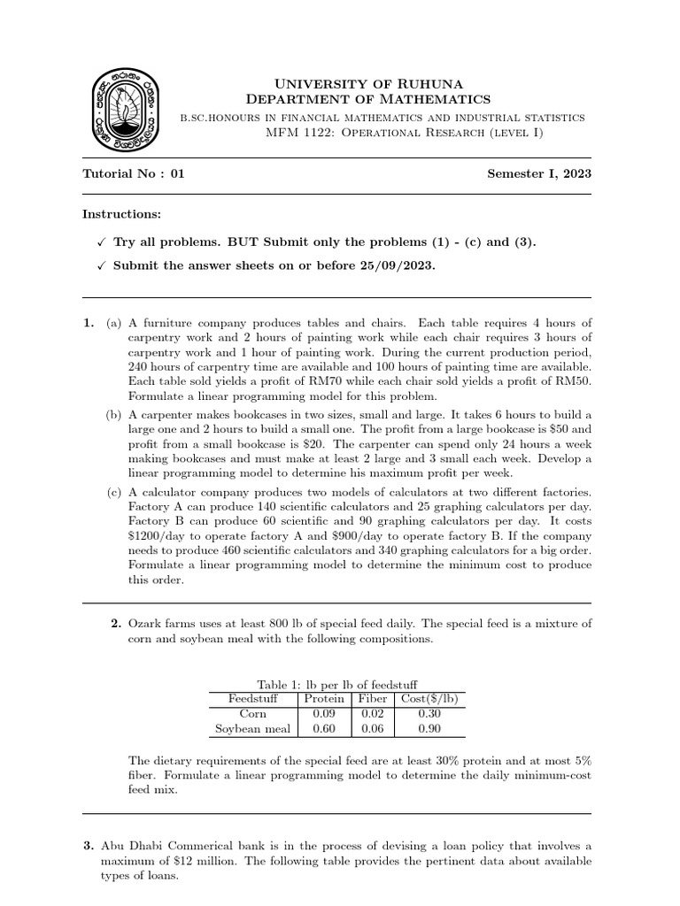 Tutorial No 01 Pdf Mathematical Optimization Linear Programming