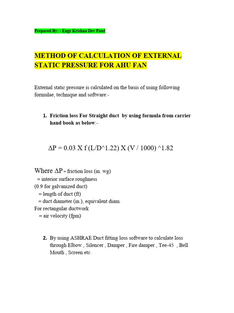 Ahu Fan External Static Pressure Calculation Method | PDF | Duct (Flow) | Dynamics (Mechanics)