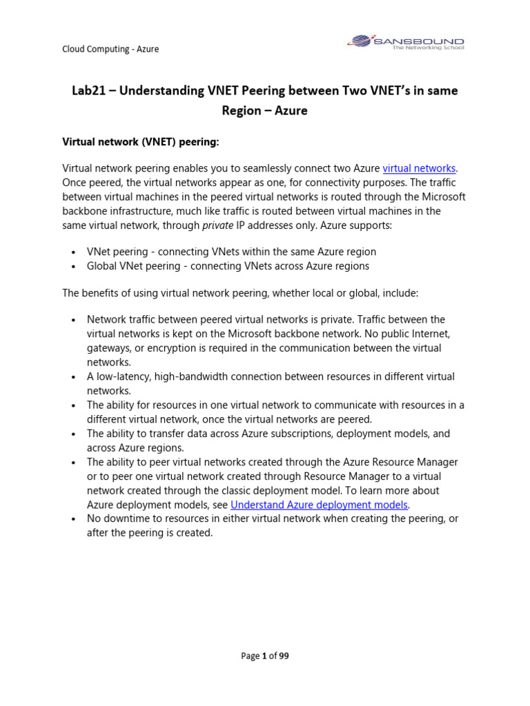 Lab21 - Understanding VNET Peering Between Two VNets in Same Region - Azure | PDF | Computer ...