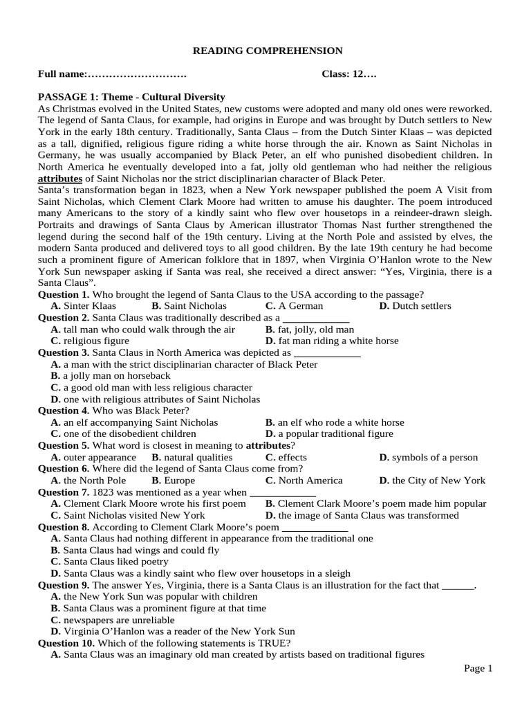 READING COMPREHENSION | PDF | Santa Claus