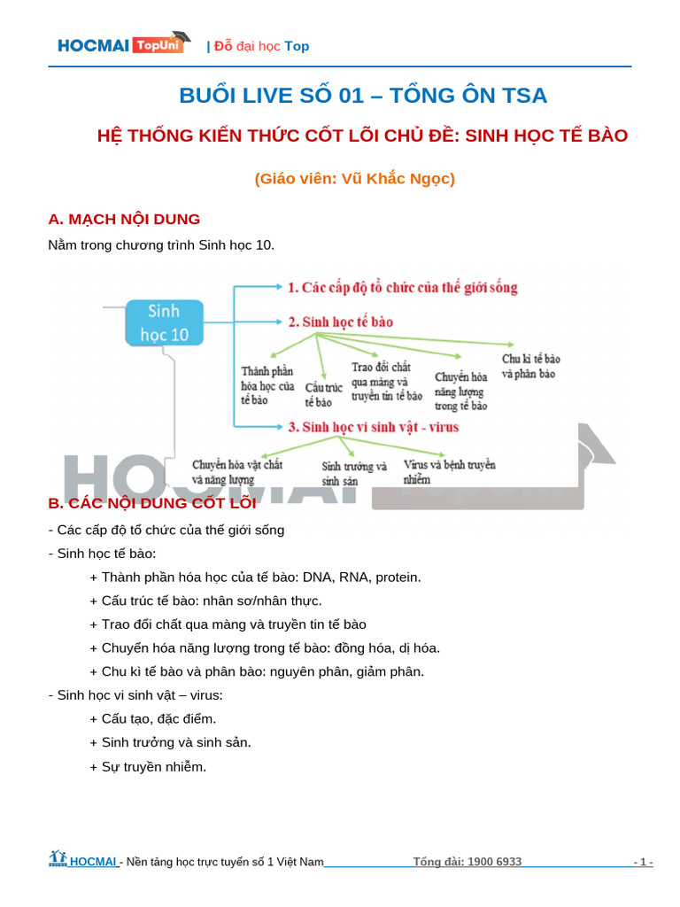 TL GV Live Tong On Topuni Tsa Buoi 01 Sinh Hoc Te Bao 20240622111450 g0bvd | PDF