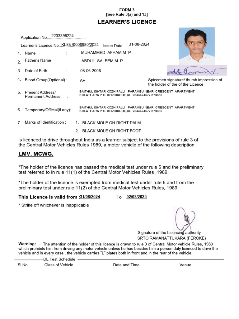 Learner'S Licence: Form 3 (See Rule 3 (A) and 13) | PDF | Vehicles ...