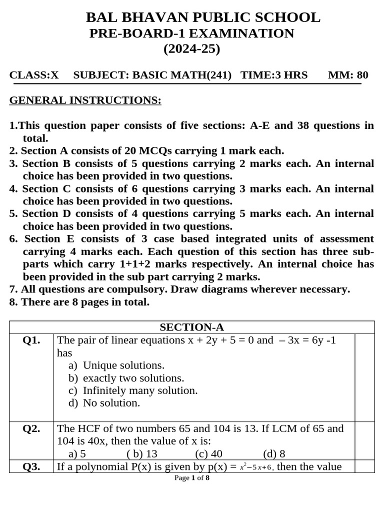 Class 10 Basic Math Pre-Board Exam 2024-25 | PDF | Circle | Angle