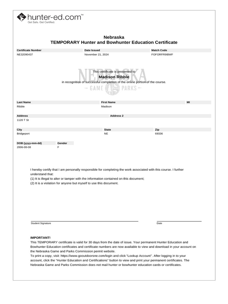 Nebraska Temporary Hunter Education Certificate | PDF