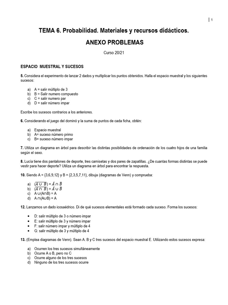 TEMA 6. Probabilidad - ANEXO PROBLEMAS | PDF | Teoría de probabilidad | Probabilidad