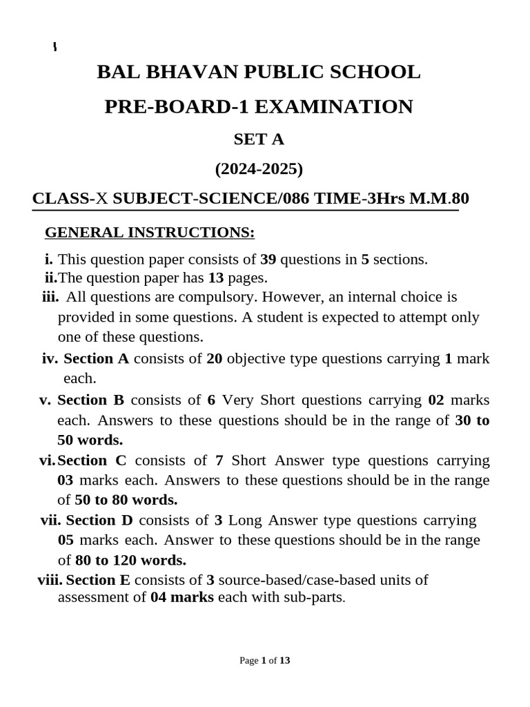Latest Preboard-1 Class X Science 2024-245 Set A Mamta Neelam Hayat ...