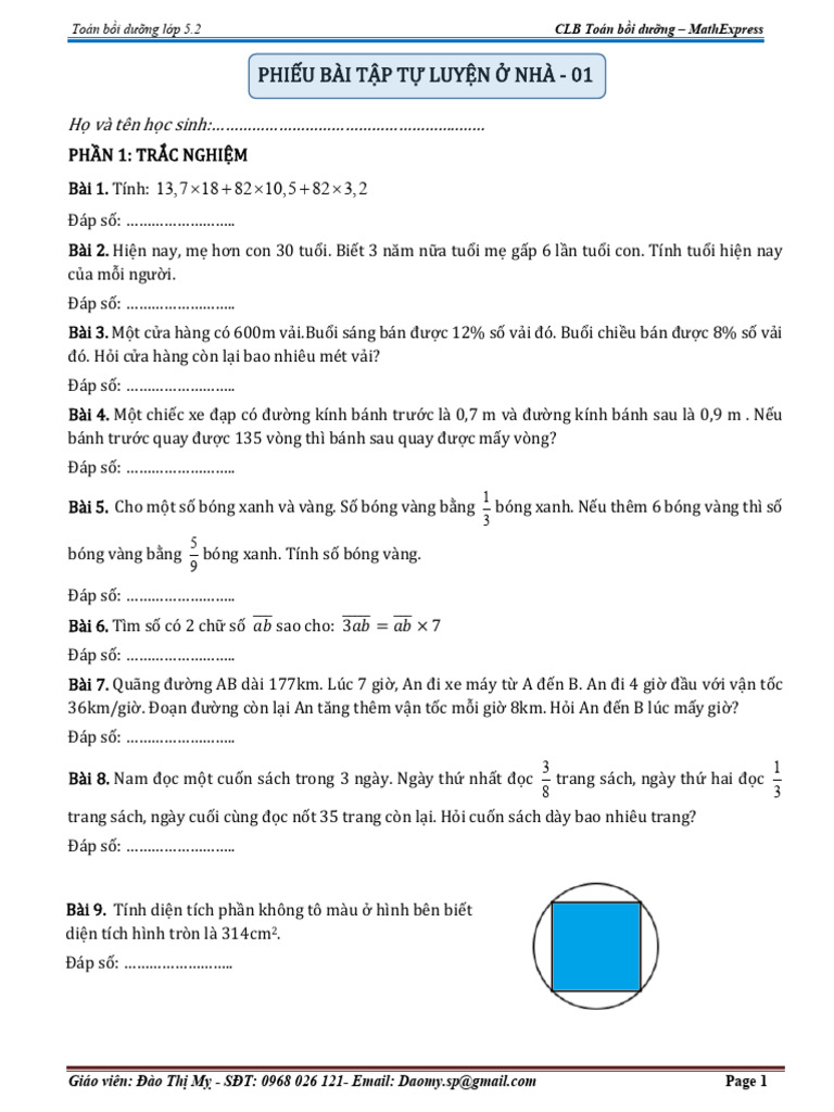 (TOÁN 5) BTVN -ĐỀ TỔNG HỢP SỐ 01 | PDF