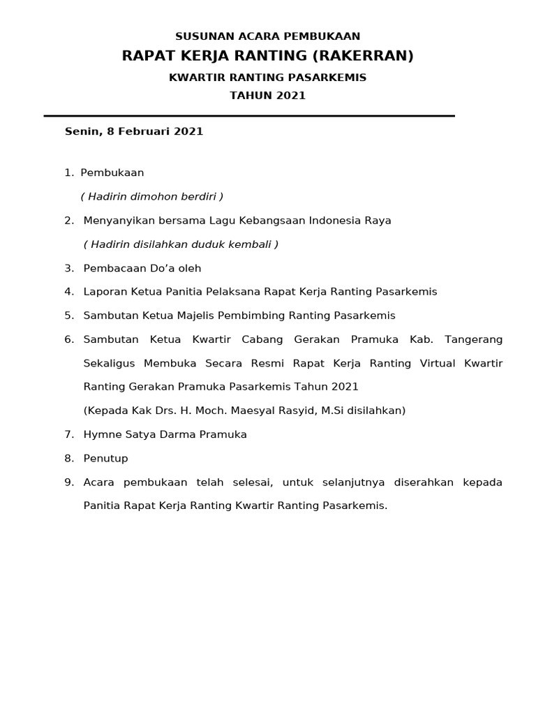 Susunan Upacara Pembukaan Raker Pasarkemis | PDF