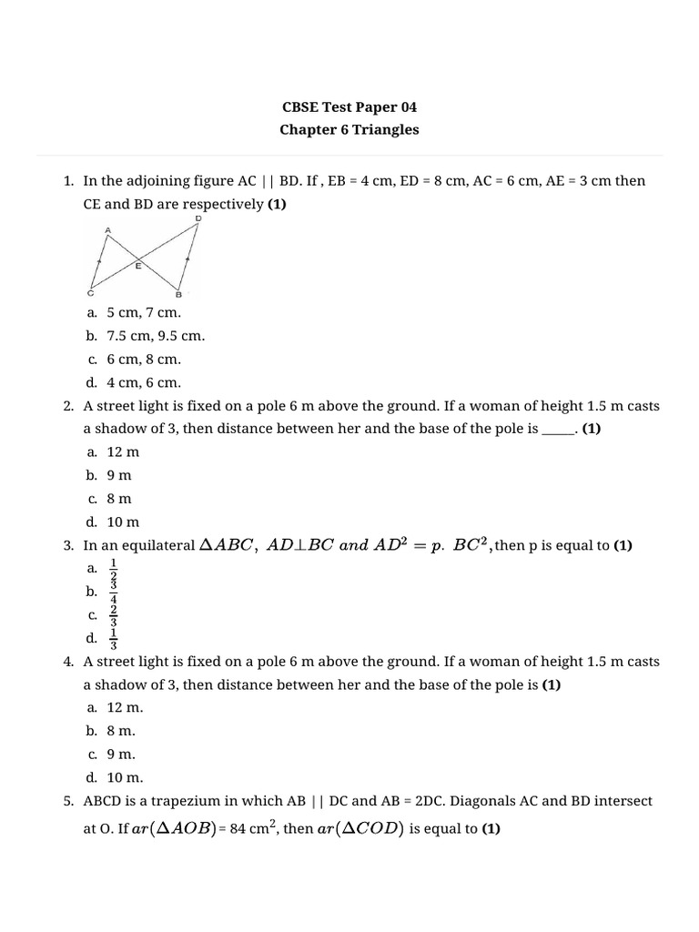 CBSE Chapter 6 Triangles Test Paper | PDF | Geometry | Euclid