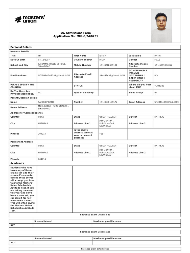 MU UG Admissions Form for Nitish Rathi | PDF | Sat