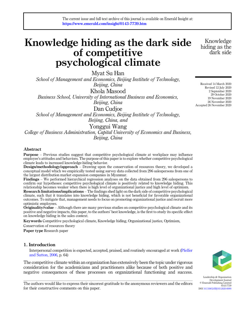 Impact of Competitive Climate on Knowledge Hiding | PDF | Optimism ...