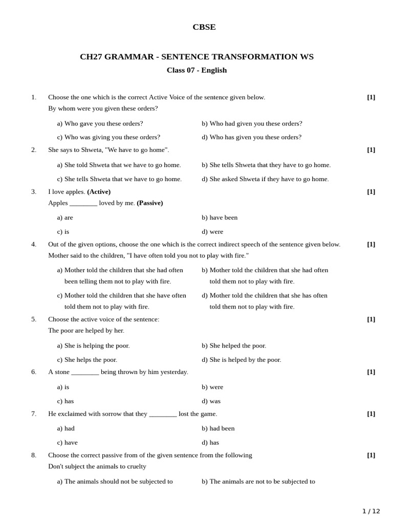 CH27 Grammar - Sentence Transformation WS | PDF | Question