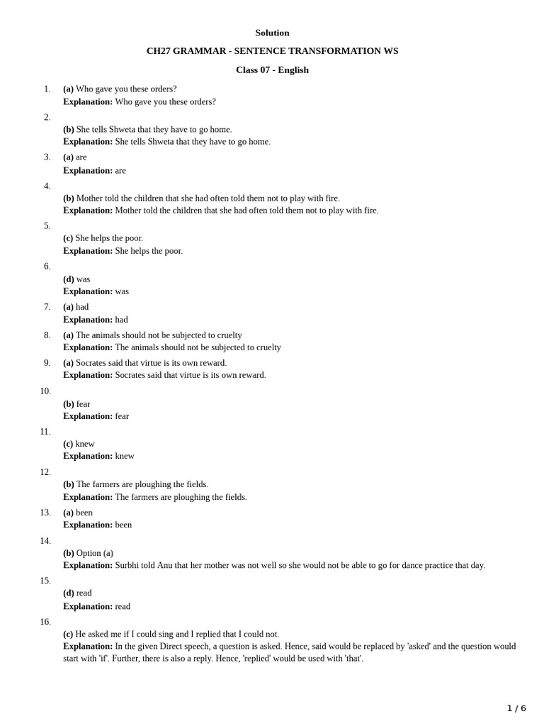 CH27 Grammar - Sentence Transformation WS Sol | PDF | Verb