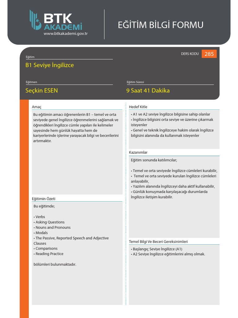 B1 Seviye İngilizce Egitim Bilgi Formu | PDF