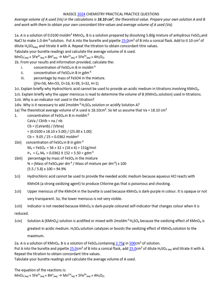 VOLUMETRIC ANALYSIS OF A REDOX CHANGE BETWEEN KMnO4 & FeSO4-1 | PDF ...