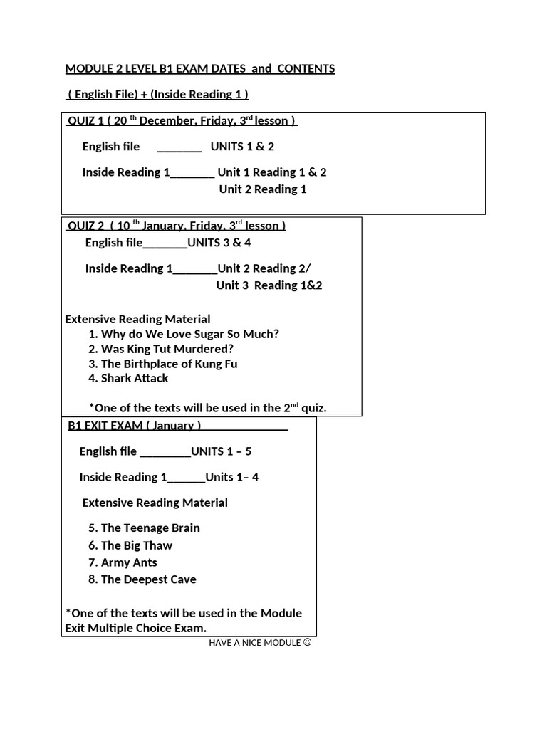 Module 2 - Level b1 Exam Dates and Contents (English File) | PDF