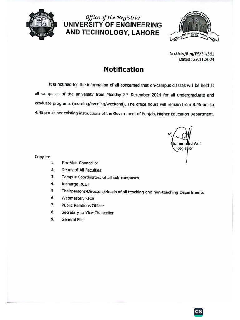 On Campus Classes Notification | PDF