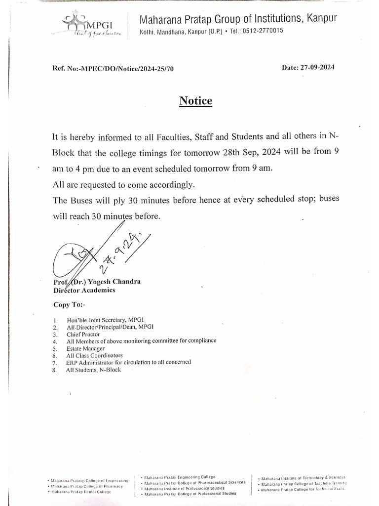 Notice For Change in College Timing | PDF