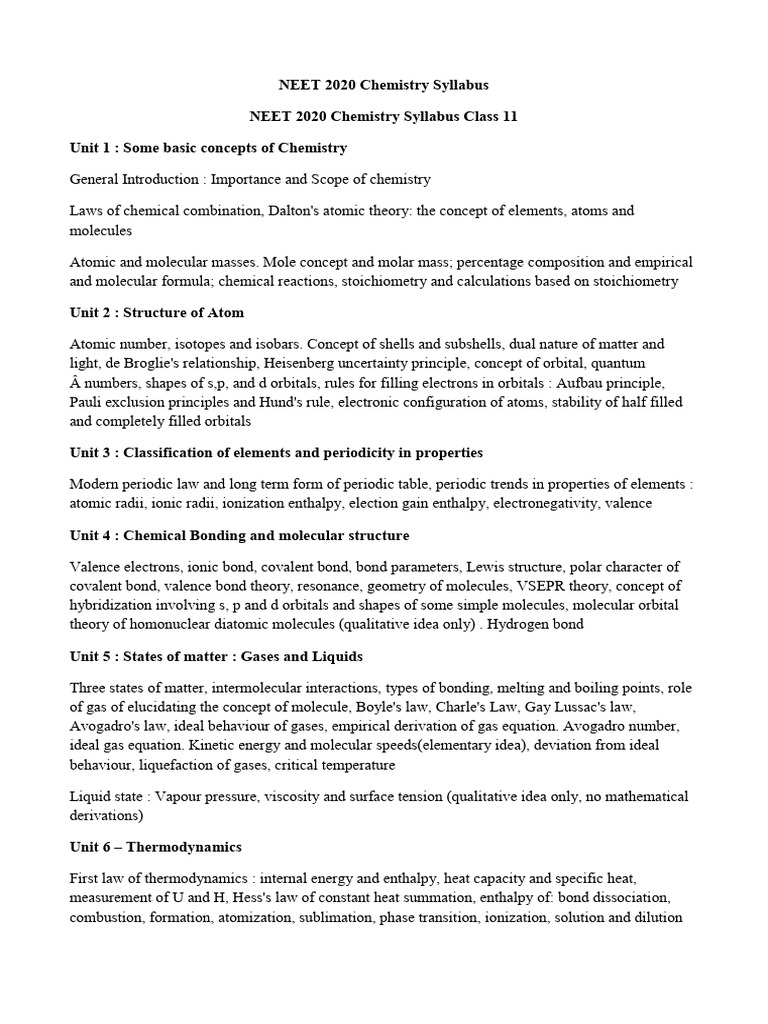 neet-chemistry-syllabus | PDF | Chemical Reactions | Chemical Equilibrium
