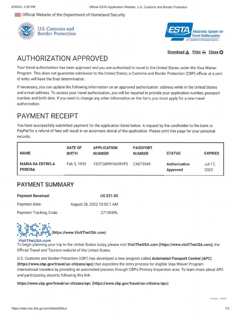 Mom's ESTA (U.S. Customs & Border Protection) | PDF