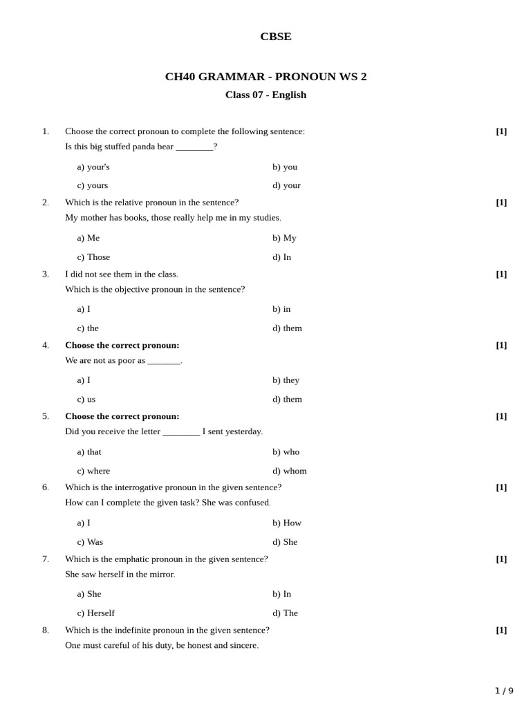 CH40 Grammar - Pronoun WS 2 | PDF | Pronoun | Syntax