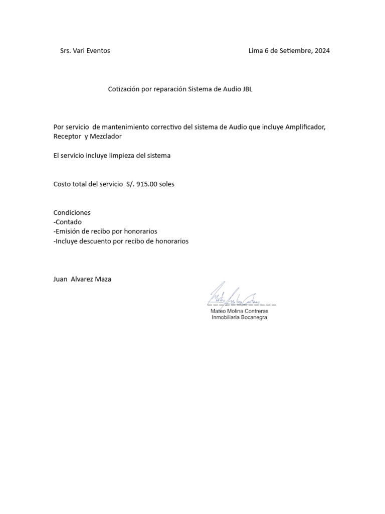Cotizaci N de Reparación de Equipo de Audio | PDF