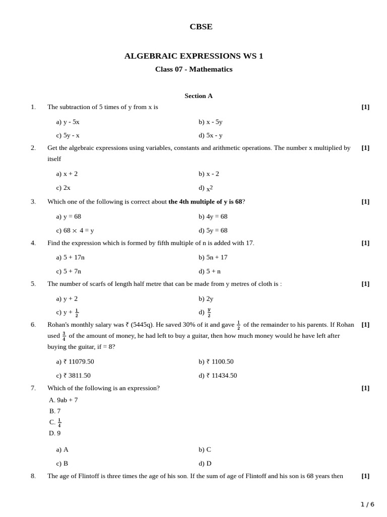 Algebraic Expressions Ws 1 How Are Expressions Formed Pdf Variable Mathematics Polynomial