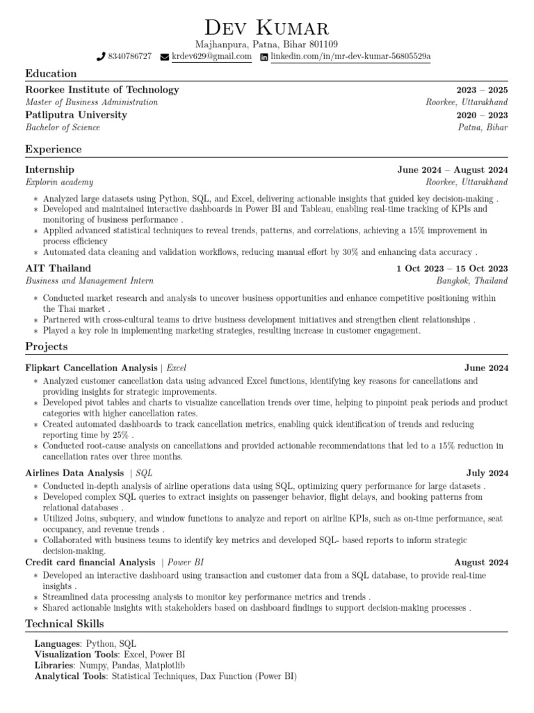 Dev Resume (1) | PDF | Data Analysis | Data