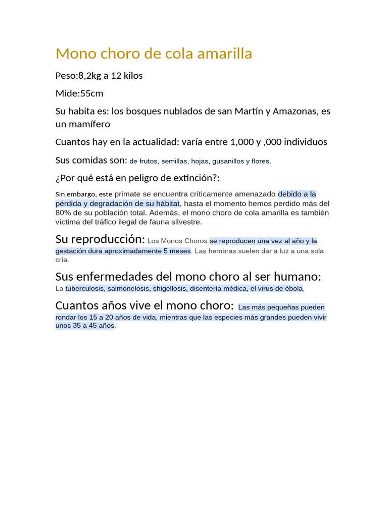 Mono choro de cola amarilla: Peligro y Hábitat | PDF