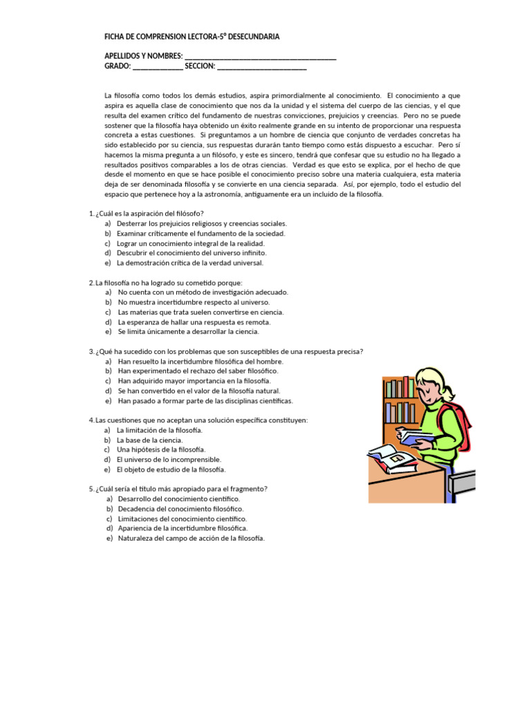 Ficha de Comprension Lectora de 5 A-B | PDF | Conocimiento | Science