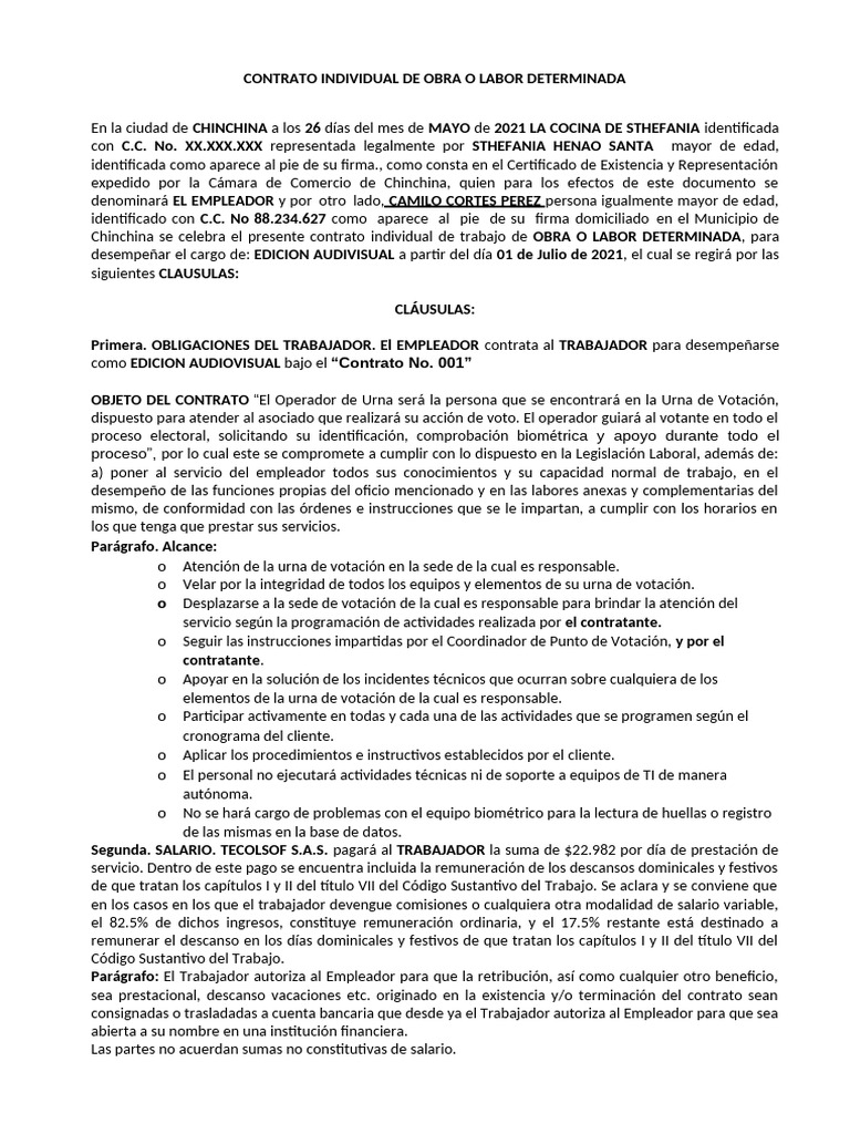 Minuta Contrato Obra o Labor | PDF | Salario | Derecho laboral