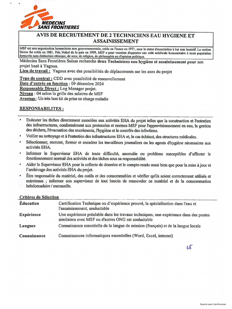 Poste MSF Technicien WASH Yagoua | PDF