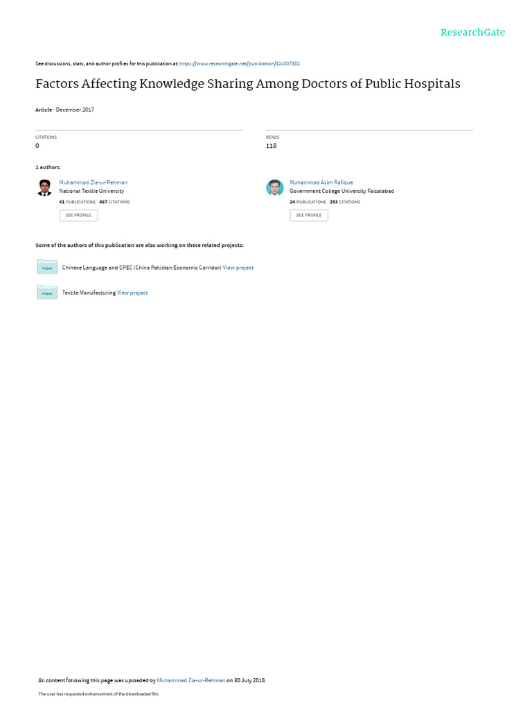 Rafique_Factors affecting knowledge sharing among doctors of public hospitals | PDF ...