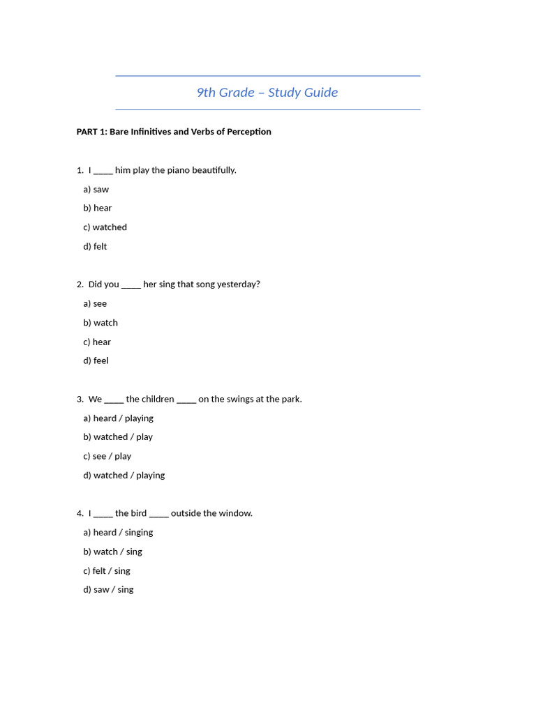 9th Grade A + B - Study Guide | PDF | Verb | Semantic Units