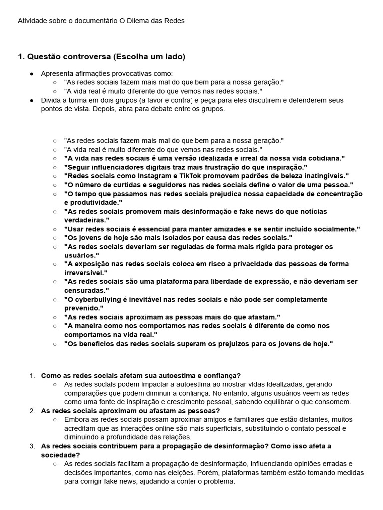 Atividade sobre o Dilema das Redes | PDF | Rede social | Autoestima