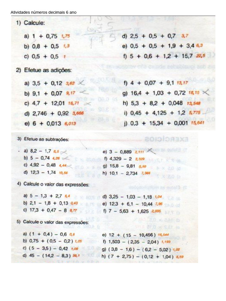 Atividades Números Decimais 6 Ano | PDF