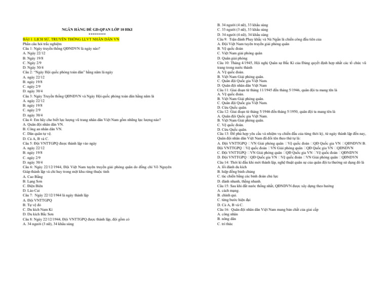 Ngân Hàng Đề Gd-Qpan Lớp 10 Hki | PDF