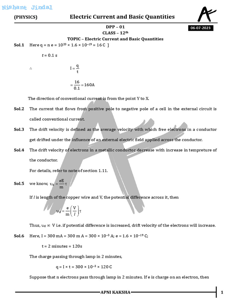 DPP_01_Solution__Current_Electricity__Current | PDF | Electric Current | Physics