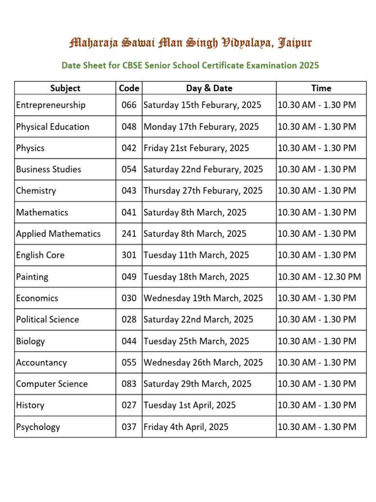 Date Sheet CBSE Class XII Exam 2025 | PDF