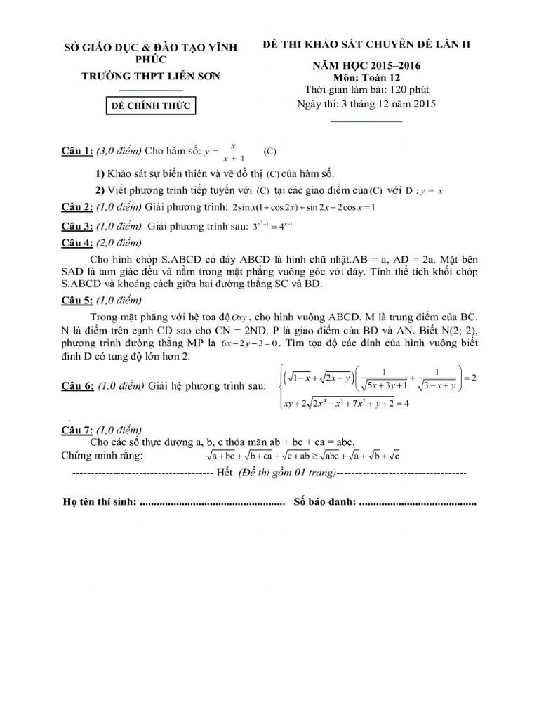 De Thi Khao Sat Chat Luong hk1 Lop 12 Truong THPT Lien Son Vinh Phuc 2015 2016 | PDF