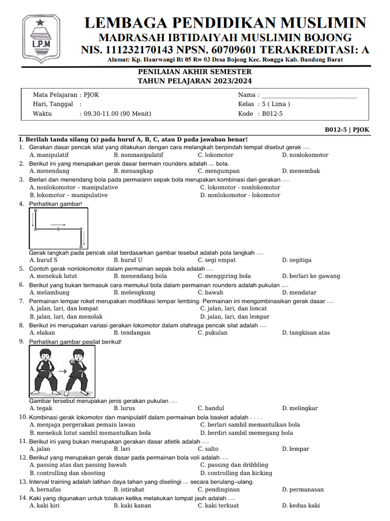 Soal - TP. 2023 - 2024 - B012-5 - PJOK - Kelas 5 - Madrasah Ibtidaiyah Muslimin Bojong | PDF