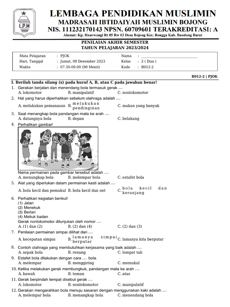 Soal - TP. 2023 - 2024 - B012-2 - PJOK - Kelas 2 - Madrasah Ibtidaiyah Muslimin Bojong | PDF