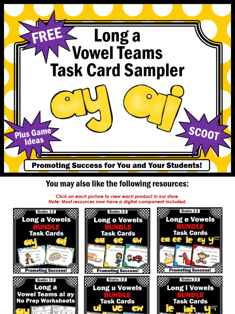 Long A Vowel Teams Task Card Sampler: Promoting Success For You and ...